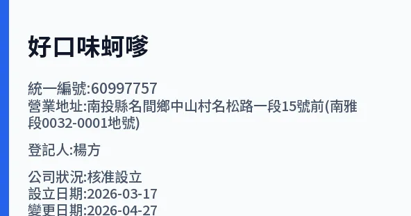 好口味蚵嗲的照片-統編 60997757(南投縣) 公司登記資料與營業項目詳細圖表