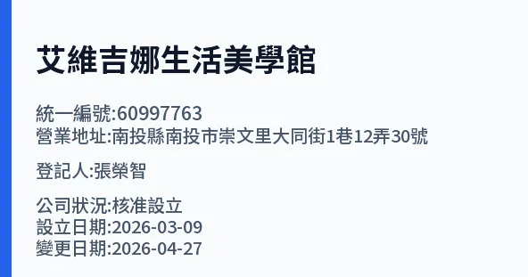 艾維吉娜生活美學館的照片-統編 60997763(南投縣) 公司登記資料與營業項目詳細圖表
