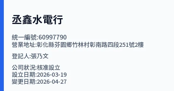 丞鑫水電行的照片-統編 60997790(彰化縣) 公司登記資料與營業項目詳細圖表