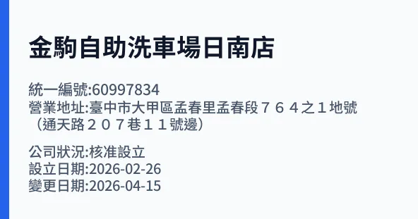 金駒自助洗車場日南店的照片-統編 60997834(臺中市) 公司登記資料與營業項目詳細圖表