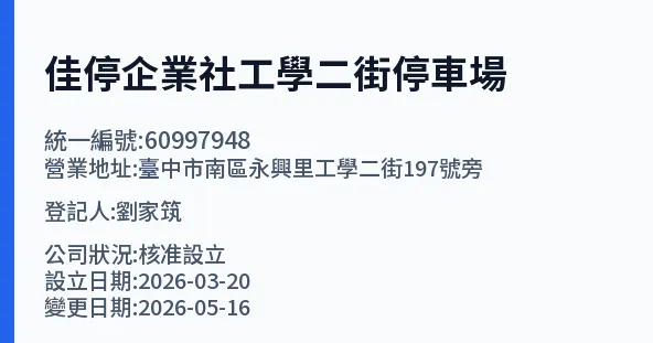 佳停企業社工學二街停車場的照片-統編 60997948(臺中市) 公司登記資料與營業項目詳細圖表
