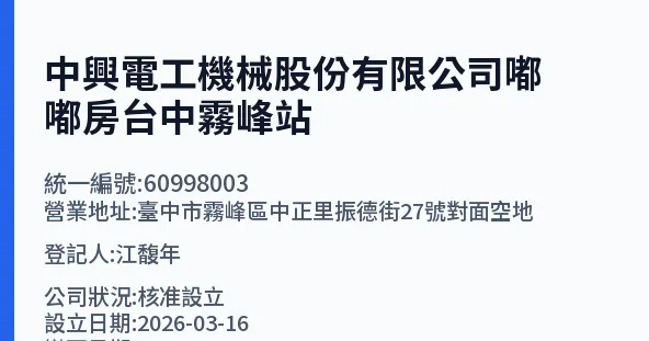 中興電工機械股份有限公司嘟嘟房台中霧峰站的照片-統編 60998003(臺中市) 公司登記資料與營業項目詳細圖表