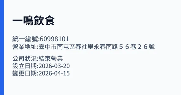 一鳴飲食的照片-統編 60998101(臺中市) 公司登記資料與營業項目詳細圖表
