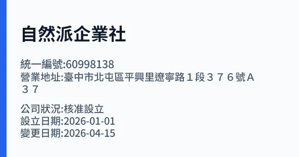 自然派企業社的照片-統編 60998138(臺中市) 公司登記資料與營業項目詳細圖表