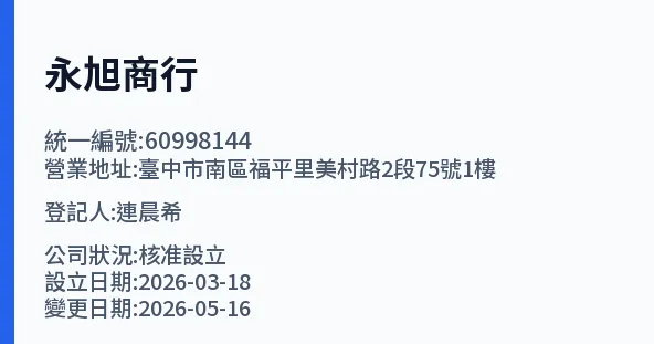 永旭商行的照片-統編 60998144(臺中市) 公司登記資料與營業項目詳細圖表