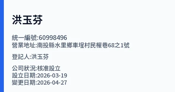 洪玉芬的照片-統編 60998496(南投縣) 公司登記資料與營業項目詳細圖表