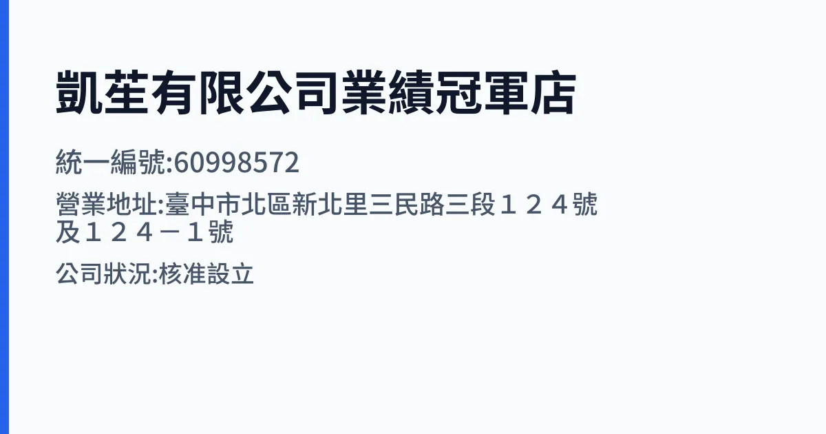 凱苼有限公司業績冠軍店 - 統編 60998572(臺中市) 公司登記資料與營業項目詳細圖表