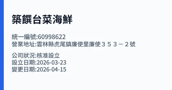 築饌台菜海鮮的照片-統編 60998622(雲林縣) 公司登記資料與營業項目詳細圖表