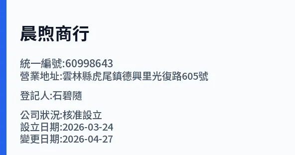 晨煦商行的照片-統編 60998643(雲林縣) 公司登記資料與營業項目詳細圖表