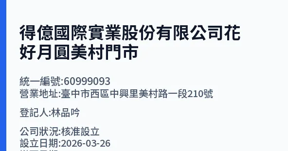 得億國際實業股份有限公司花好月圓美村門市的照片-統編 60999093(臺中市) 公司登記資料與營業項目詳細圖表