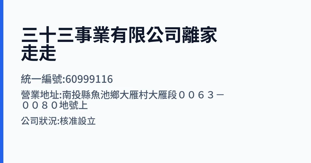 三十三事業有限公司離家走走 - 統編 60999116(南投縣) 公司登記資料與營業項目詳細圖表