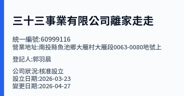 三十三事業有限公司離家走走的照片-統編 60999116(南投縣) 公司登記資料與營業項目詳細圖表