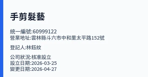手剪髮藝的照片-統編 60999122(雲林縣) 公司登記資料與營業項目詳細圖表