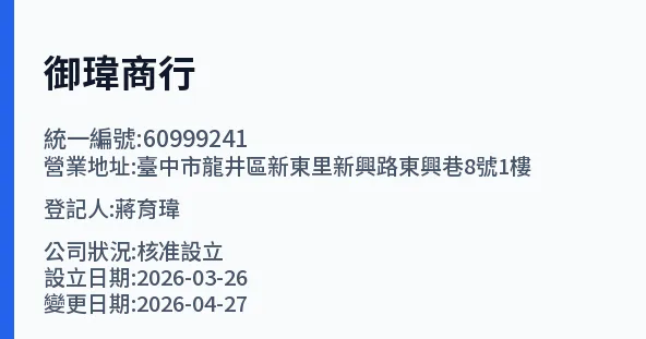 御瑋商行的照片-統編 60999241(臺中市) 公司登記資料與營業項目詳細圖表