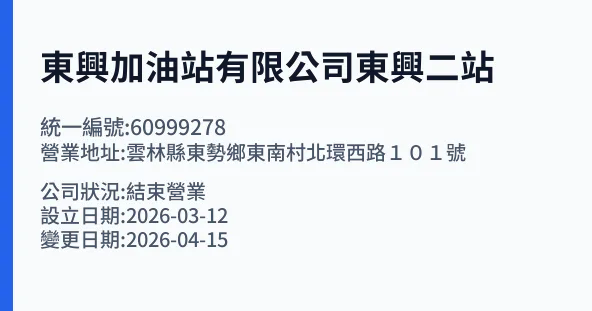 東興加油站有限公司東興二站的照片-統編 60999278(雲林縣) 公司登記資料與營業項目詳細圖表