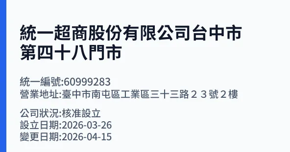 統一超商股份有限公司台中市第四十八門市的照片-統編 60999283(臺中市) 公司登記資料與營業項目詳細圖表