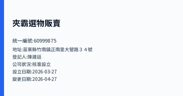 夾霸選物販賣的照片-統編 60999875(苗栗縣) 公司登記資料與營業項目詳細圖表