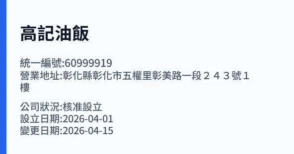高記油飯的照片-統編 60999919(彰化縣) 公司登記資料與營業項目詳細圖表