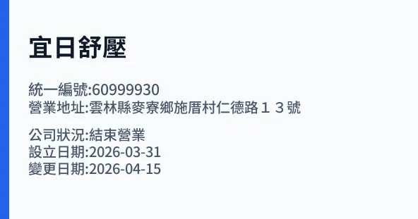宜日舒壓的照片-統編 60999930(雲林縣) 公司登記資料與營業項目詳細圖表