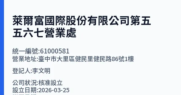 萊爾富國際股份有限公司第五五六七營業處的照片-統編 61000581(臺中市) 公司登記資料與營業項目詳細圖表