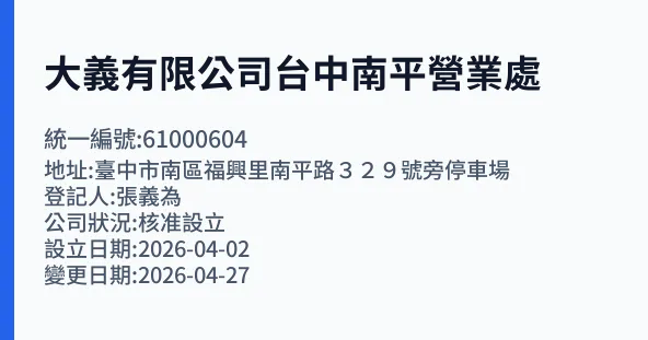 大義有限公司台中南平營業處的照片-統編 61000604(臺中市) 公司登記資料與營業項目詳細圖表