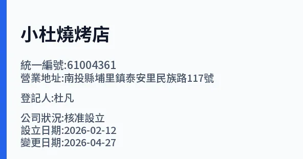小杜燒烤店的照片-統編 61004361(南投縣) 公司登記資料與營業項目詳細圖表