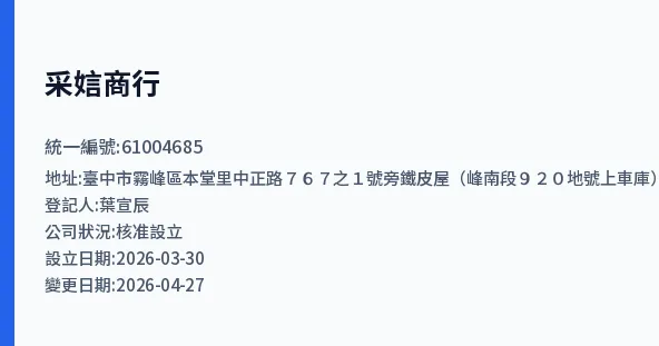 采娮商行的照片-統編 61004685(臺中市) 公司登記資料與營業項目詳細圖表