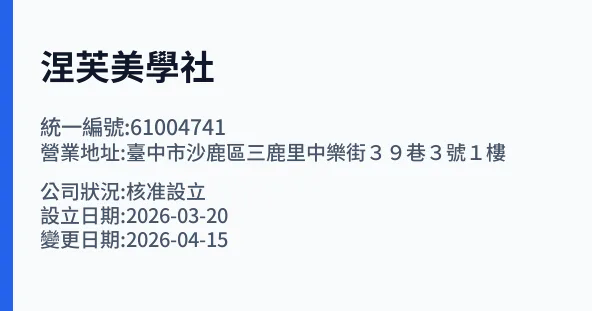 涅芙美學社的照片-統編 61004741(臺中市) 公司登記資料與營業項目詳細圖表