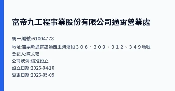 富帝九工程事業股份有限公司通霄營業處的照片-統編 61004778(苗栗縣) 公司登記資料與營業項目詳細圖表