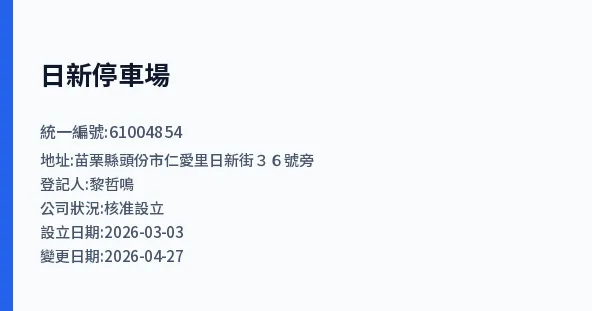 日新停車場的照片-統編 61004854(苗栗縣) 公司登記資料與營業項目詳細圖表