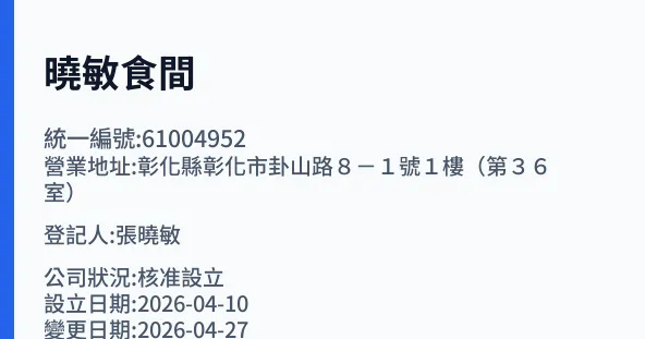 曉敏食間的照片-統編 61004952(彰化縣) 公司登記資料與營業項目詳細圖表