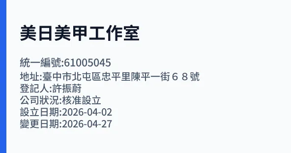 美日美甲工作室的照片-統編 61005045(臺中市) 公司登記資料與營業項目詳細圖表