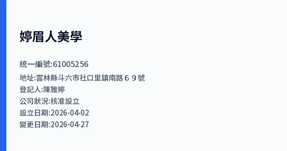 婷眉人美學的照片-統編 61005256(雲林縣) 公司登記資料與營業項目詳細圖表
