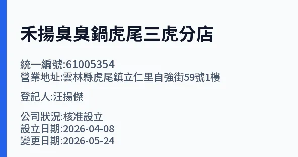 禾揚臭臭鍋虎尾三虎分店的照片-統編 61005354 公司登記資料與營業項目詳細圖表