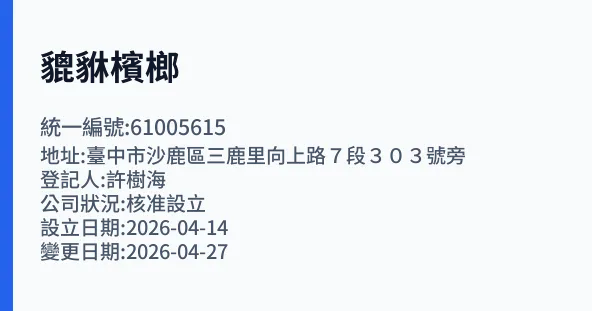 貔貅檳榔的照片-統編 61005615(臺中市) 公司登記資料與營業項目詳細圖表