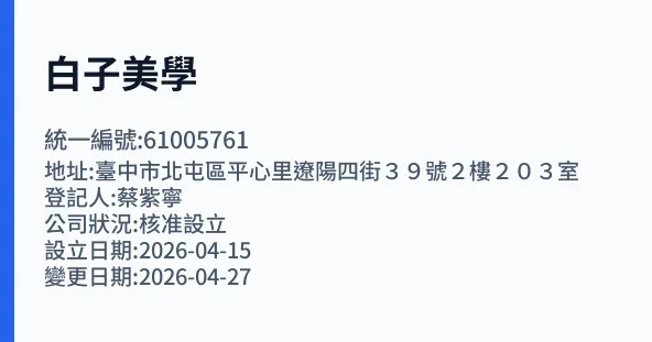 白子美學的照片-統編 61005761(臺中市) 公司登記資料與營業項目詳細圖表