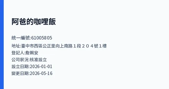 阿爸的咖哩飯的照片-統編 61005805(臺中市) 公司登記資料與營業項目詳細圖表