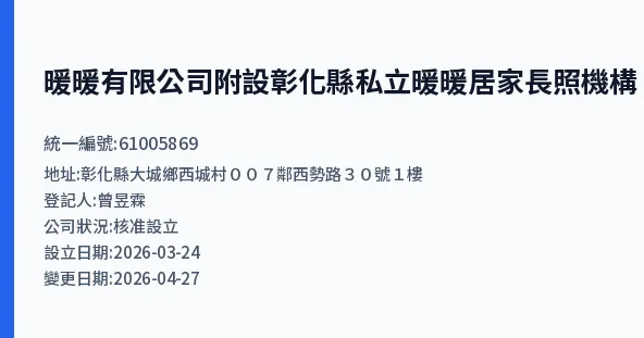 暖暖有限公司附設彰化縣私立暖暖居家長照機構的照片-統編 61005869(彰化縣) 公司登記資料與營業項目詳細圖表