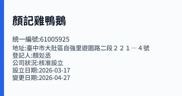 顏記雞鴨鵝的照片-統編 61005925(臺中市) 公司登記資料與營業項目詳細圖表