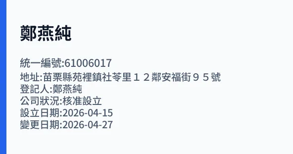 鄭燕純的照片-統編 61006017(苗栗縣) 公司登記資料與營業項目詳細圖表