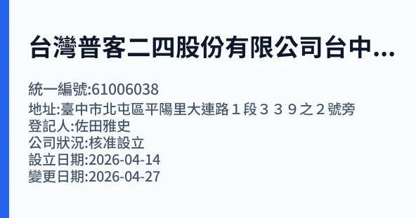 台灣普客二四股份有限公司台中安順東二街停車場的照片-統編 61006038(臺中市) 公司登記資料與營業項目詳細圖表