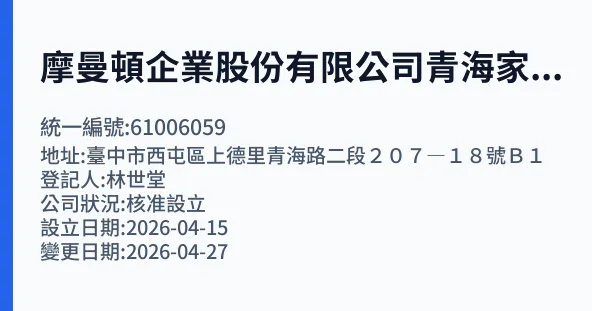 摩曼頓企業股份有限公司青海家樂福門市的照片-統編 61006059(臺中市) 公司登記資料與營業項目詳細圖表