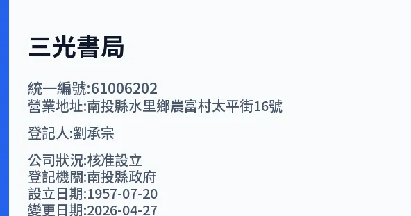 三光書局的照片-統編 61006202(南投縣) 公司登記資料與營業項目詳細圖表