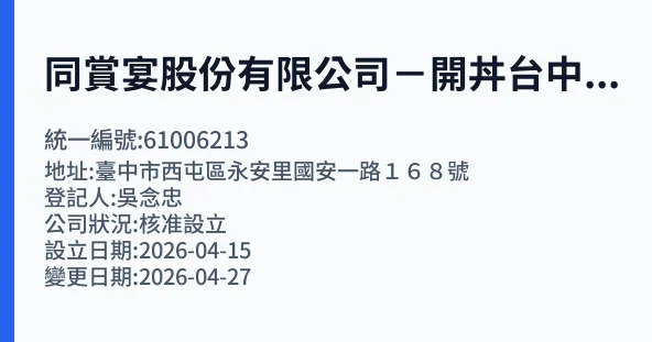 同賞宴股份有限公司－開丼台中米平方店的照片-統編 61006213(臺中市) 公司登記資料與營業項目詳細圖表