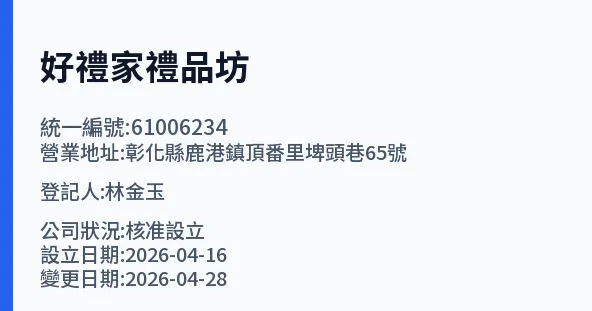 好禮家禮品坊的照片-統編 61006234(彰化縣) 公司登記資料與營業項目詳細圖表