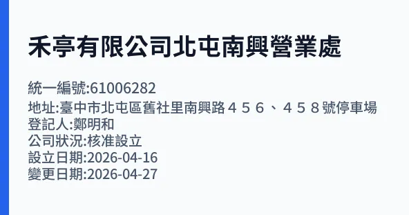 禾亭有限公司北屯南興營業處的照片-統編 61006282(臺中市) 公司登記資料與營業項目詳細圖表