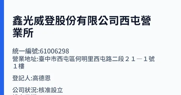 鑫光威登股份有限公司西屯營業所的照片-統編 61006298(臺中市) 公司登記資料與營業項目詳細圖表
