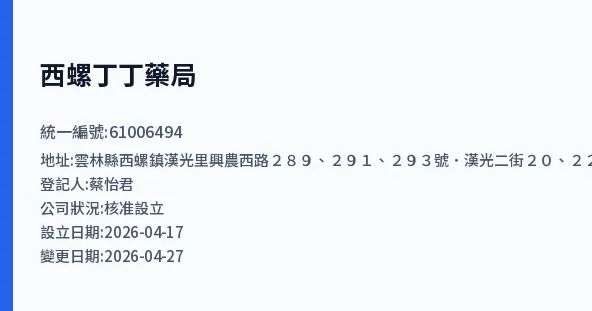 西螺丁丁藥局的照片-統編 61006494(雲林縣) 公司登記資料與營業項目詳細圖表