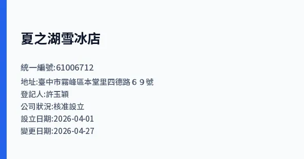 夏之湖雪冰店的照片-統編 61006712(臺中市) 公司登記資料與營業項目詳細圖表