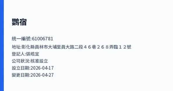鸚宿的照片-統編 61006781(彰化縣) 公司登記資料與營業項目詳細圖表